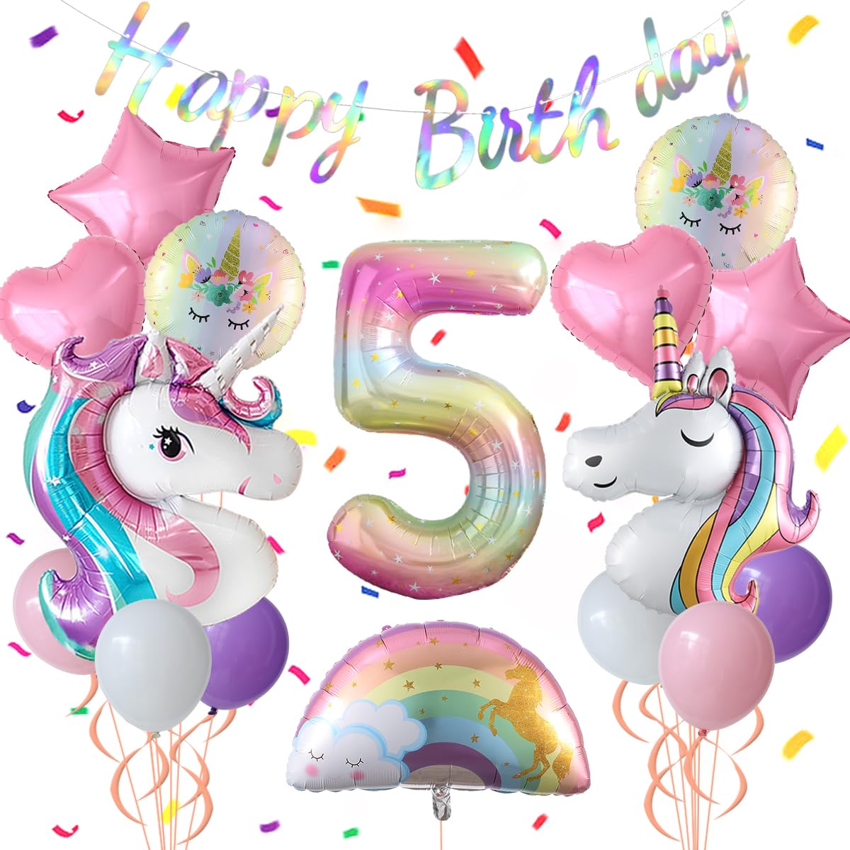 Unicorn 5th Birthday Party Decorations for Girl Purple Pink Unicorn Party Theme Balloon Set, Large Rainbow Unicorn Helium Balloons with Heart and Star Baby Shower Kids Supplies (number 5 set)