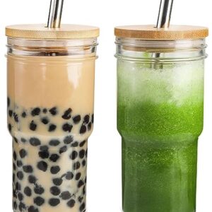 2Pack Glass Tumbler Cups with Bamboo Lids and Straws, 22oz Iced Coffee Cup Reusable Mason Jar Drinking Glasses for Boba Tea, Smoothie, juice, Beer, Fits Car Cup Holder