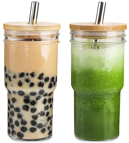 2Pack Glass Tumbler Cups with Bamboo Lids and Straws, 22oz Iced Coffee Cup Reusable Mason Jar Drinking Glasses for Boba Tea, Smoothie, juice, Beer, Fits Car Cup Holder