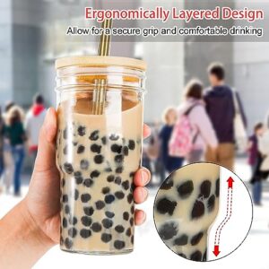 2Pack Glass Tumbler Cups with Bamboo Lids and Straws, 22oz Iced Coffee Cup Reusable Mason Jar Drinking Glasses for Boba Tea, Smoothie, juice, Beer, Fits Car Cup Holder