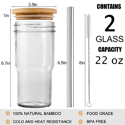 2Pack Glass Tumbler Cups with Bamboo Lids and Straws, 22oz Iced Coffee Cup Reusable Mason Jar Drinking Glasses for Boba Tea, Smoothie, juice, Beer, Fits Car Cup Holder