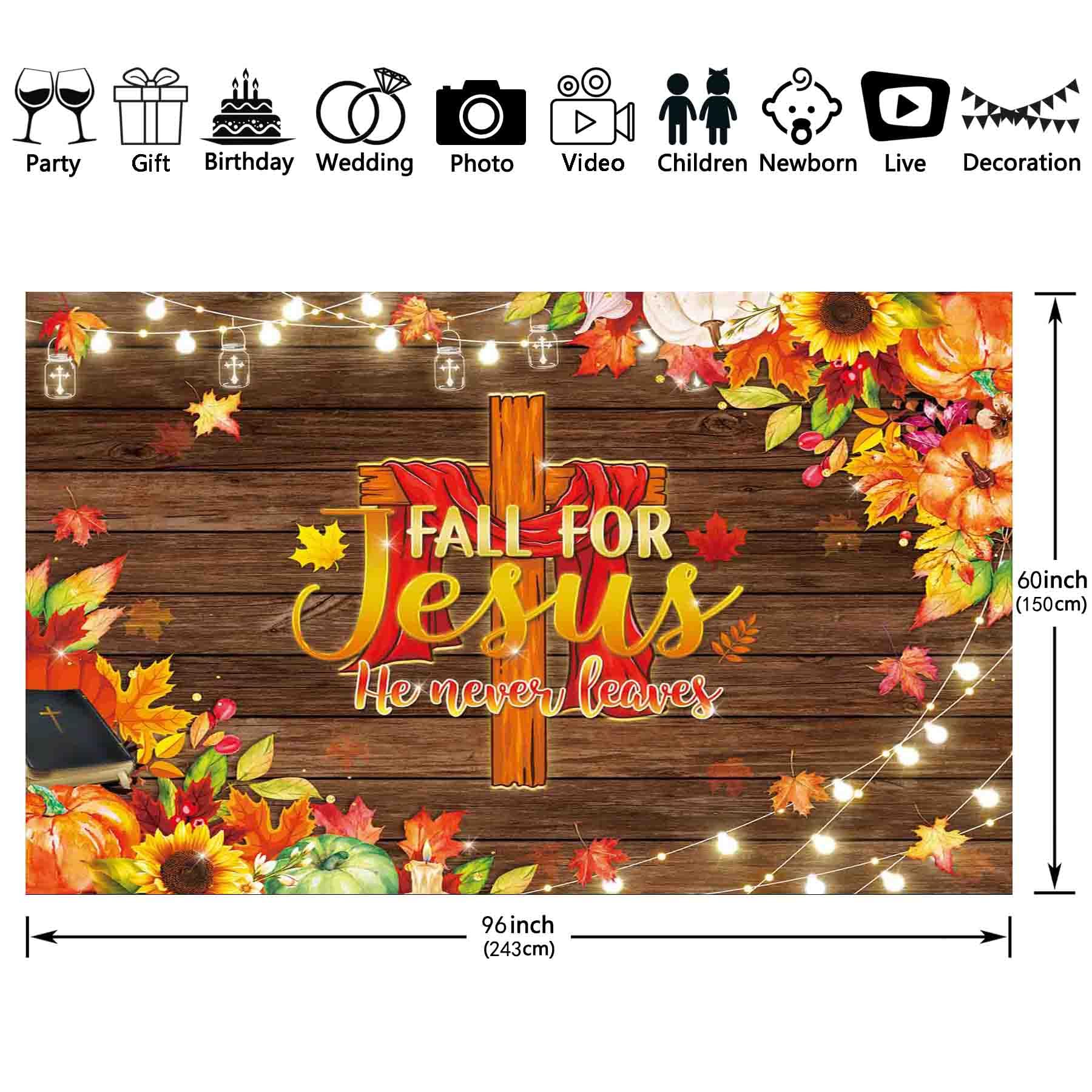 Swepuck 96x60inch Fall for Jesus Backdrop He Never Leaves Photography Background Autumn Thanksgiving Party Decoration Maple Leaves Pumpkin Friendsgiving Photo Banner