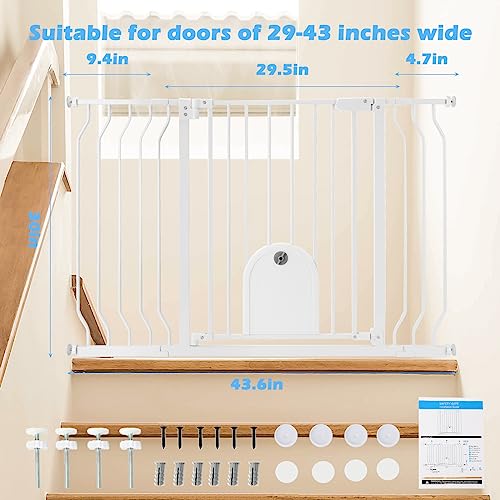 Baby Gate for Stairs with Cat Door - Baby gate with Pet Door Auto Close 29.5"-48.5" Safety Metal Dog Gate for Door Way/Stairs/House/Walk Through with Includes 2 Extension Pieces and 4 Wall Cups