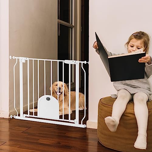 Baby Gate for Stairs with Cat Door - Baby gate with Pet Door Auto Close 29.5"-48.5" Safety Metal Dog Gate for Door Way/Stairs/House/Walk Through with Includes 2 Extension Pieces and 4 Wall Cups