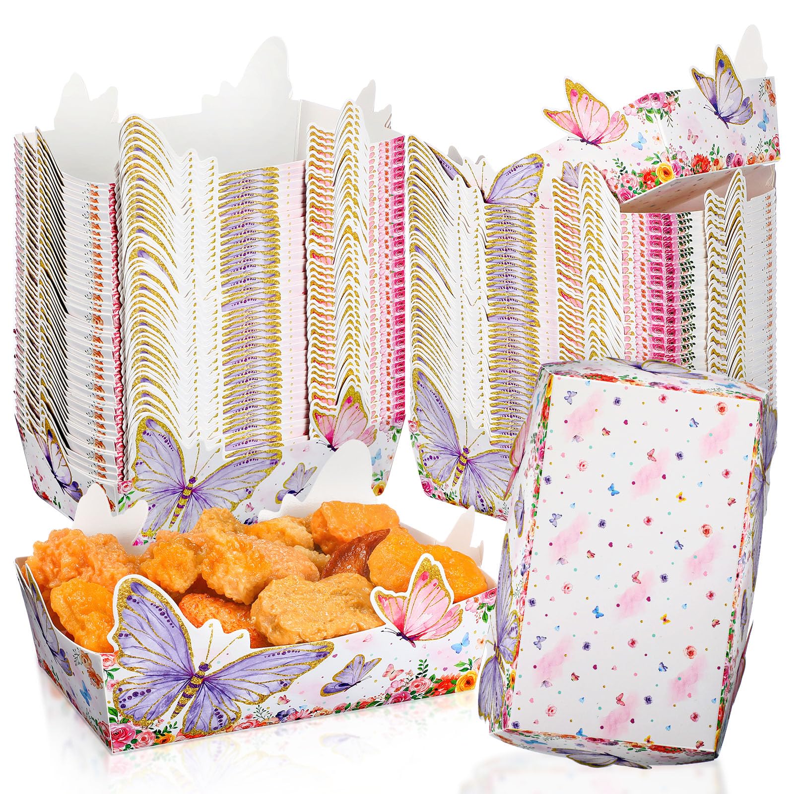 Fulmoon 200 Pack Butterfly Birthday Party Supplies Butterfly Paper Food Trays Bulk Disposable Food Boat Popcorn Nacho Snack Serving Trays for Butterfly Girl Party Favors Baby Shower Decor