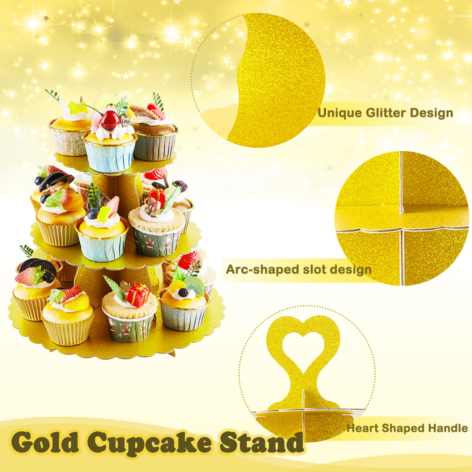 Gold Cupcake Stand 3 Tier Cupcake Stand Glitter Gold Cardboard Cupcake Tower Stand for 24 Cupcakes Birthday Party Baby Shower