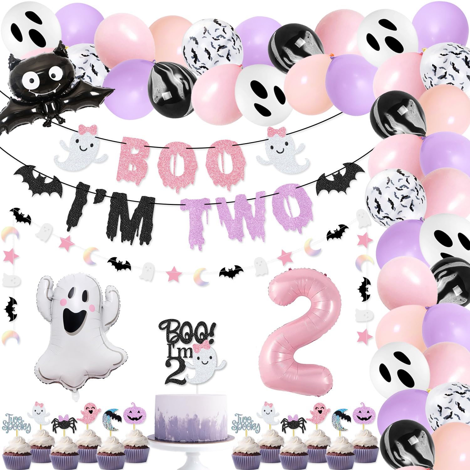 Boo I'm Two Halloween Birthday Party Pack Boo I'm Two Banner Cake Topper Halloween Ghost Bat Balloons for Girls' Pink and Purle Halloween Birthday Decorations