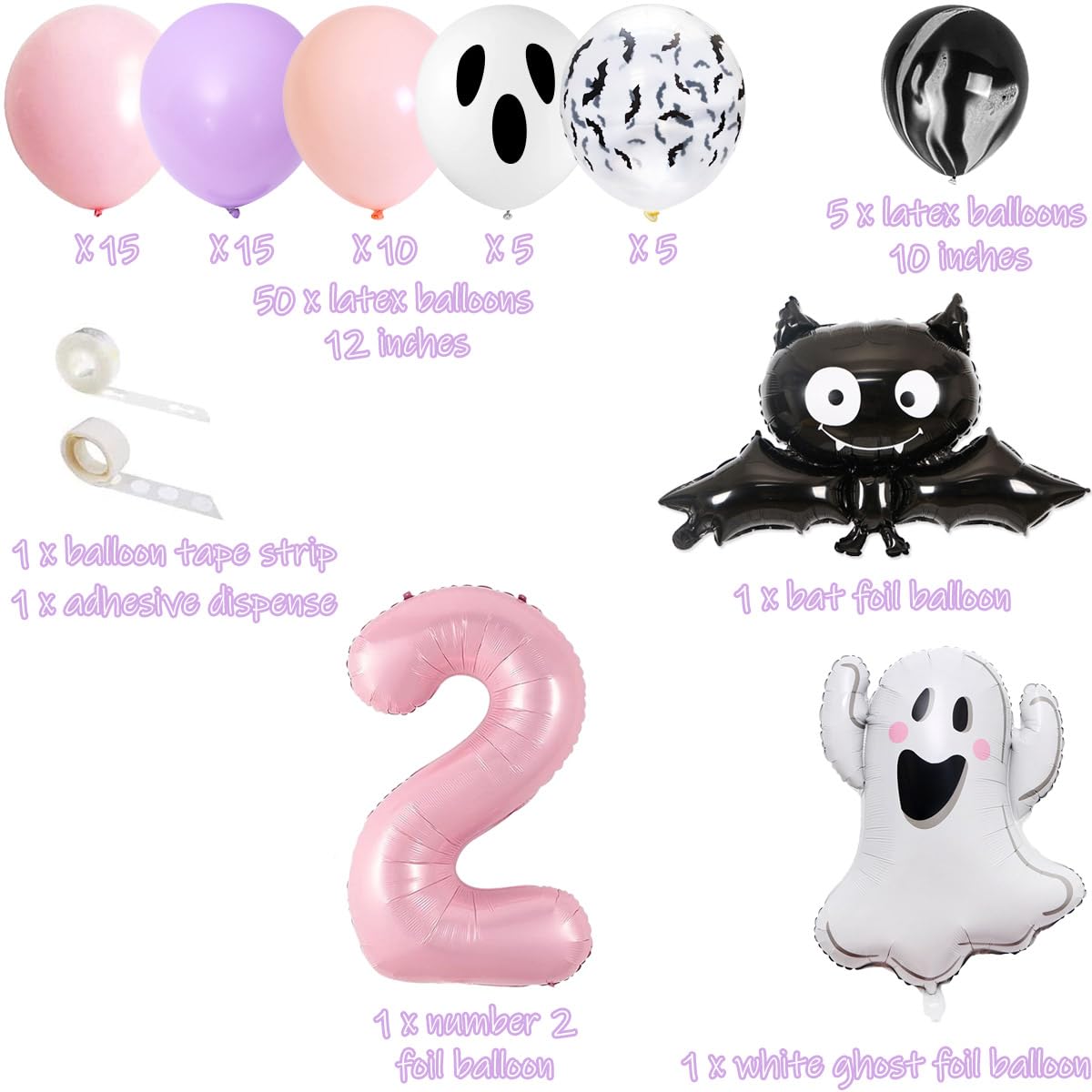 Boo I'm Two Halloween Birthday Party Pack Boo I'm Two Banner Cake Topper Halloween Ghost Bat Balloons for Girls' Pink and Purle Halloween Birthday Decorations