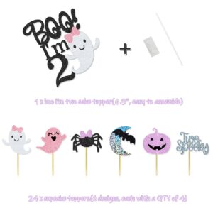 Boo I'm Two Halloween Birthday Party Pack Boo I'm Two Banner Cake Topper Halloween Ghost Bat Balloons for Girls' Pink and Purle Halloween Birthday Decorations