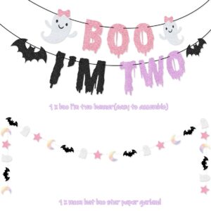 Boo I'm Two Halloween Birthday Party Pack Boo I'm Two Banner Cake Topper Halloween Ghost Bat Balloons for Girls' Pink and Purle Halloween Birthday Decorations