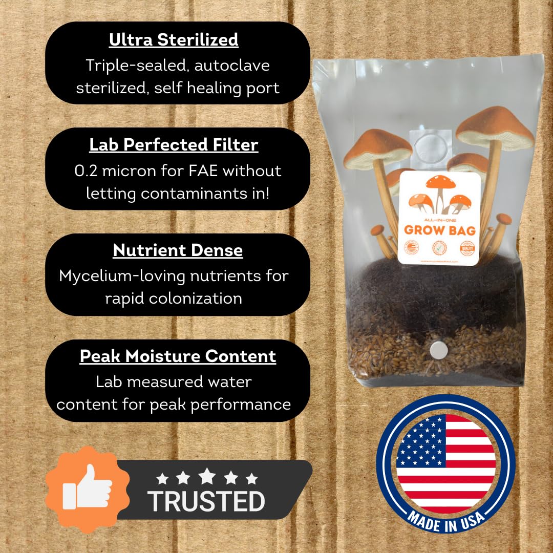 MycoLabsDirect All-in-One Mushroom Grow Bag - 3lbs with Grain and Substrate - Grow Edible and Medicinal Mushrooms at Home with Pre-Sterilized Bags