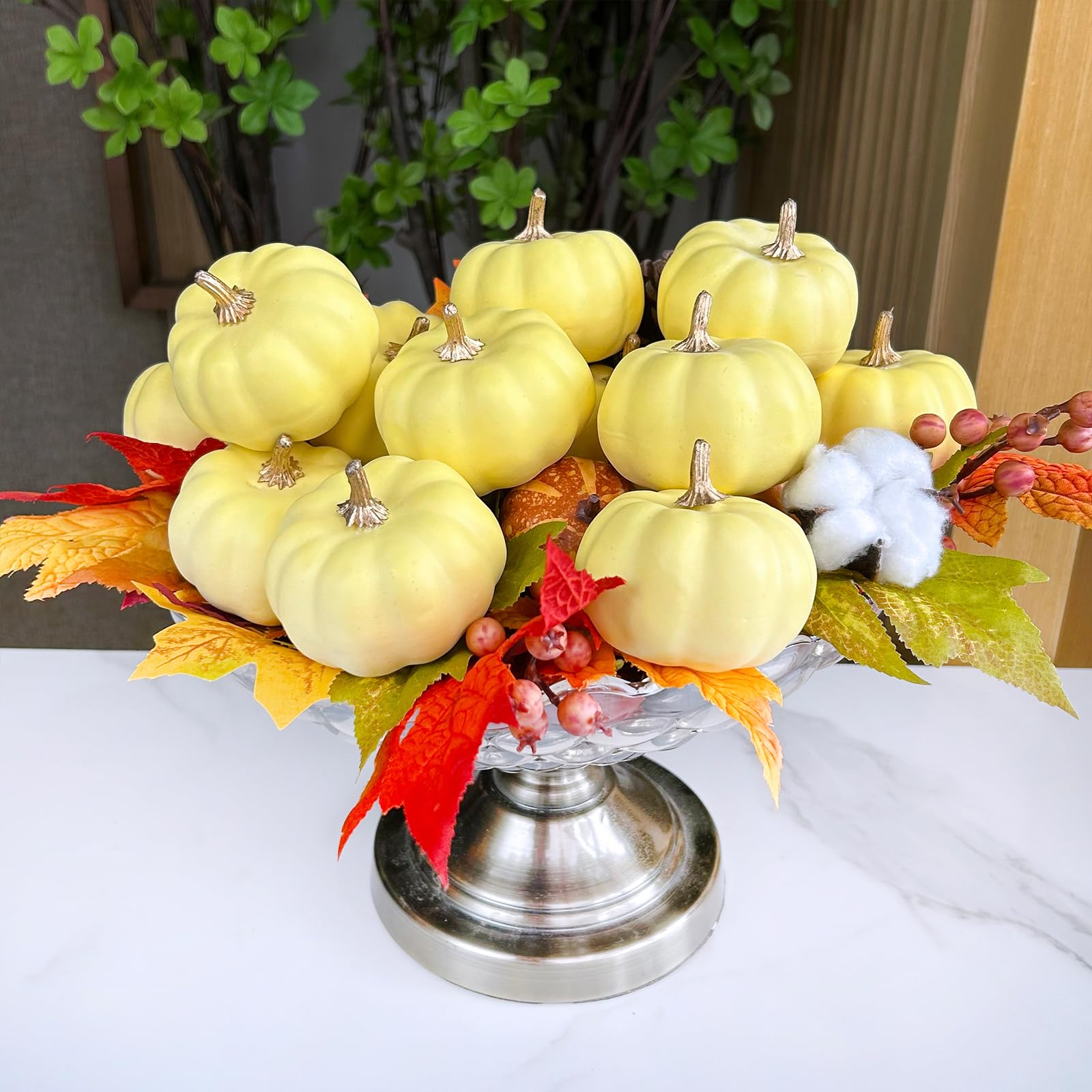 Winlyn 12 Pcs Small Artificial Yellow Pumpkins Fall Harvest Pumpkins Decorative Pumpkins Foam Pumpkins for Gifts Baby Shower Wedding Halloween Thanksgiving Table Centerpiece Mantel Bowl Décor