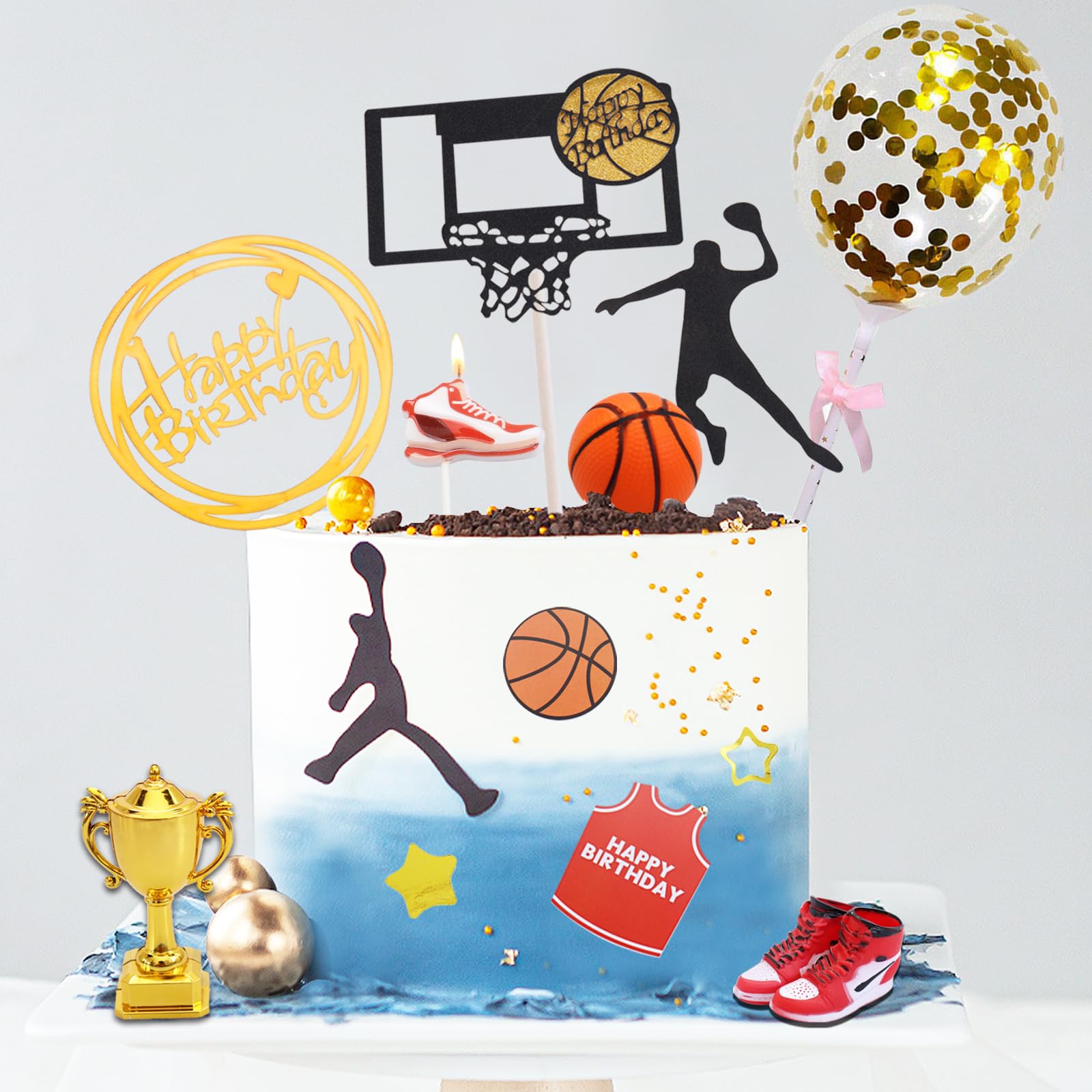 Vitalili Basketball Cake Topper, 34 Pcs 5.5'' Plastic & Paper Decorations, for Kids Boys Birthday Party Supplies, Realistic Design, Convenient Use, Fits for Cakes, Cupcakes, Home Party & More