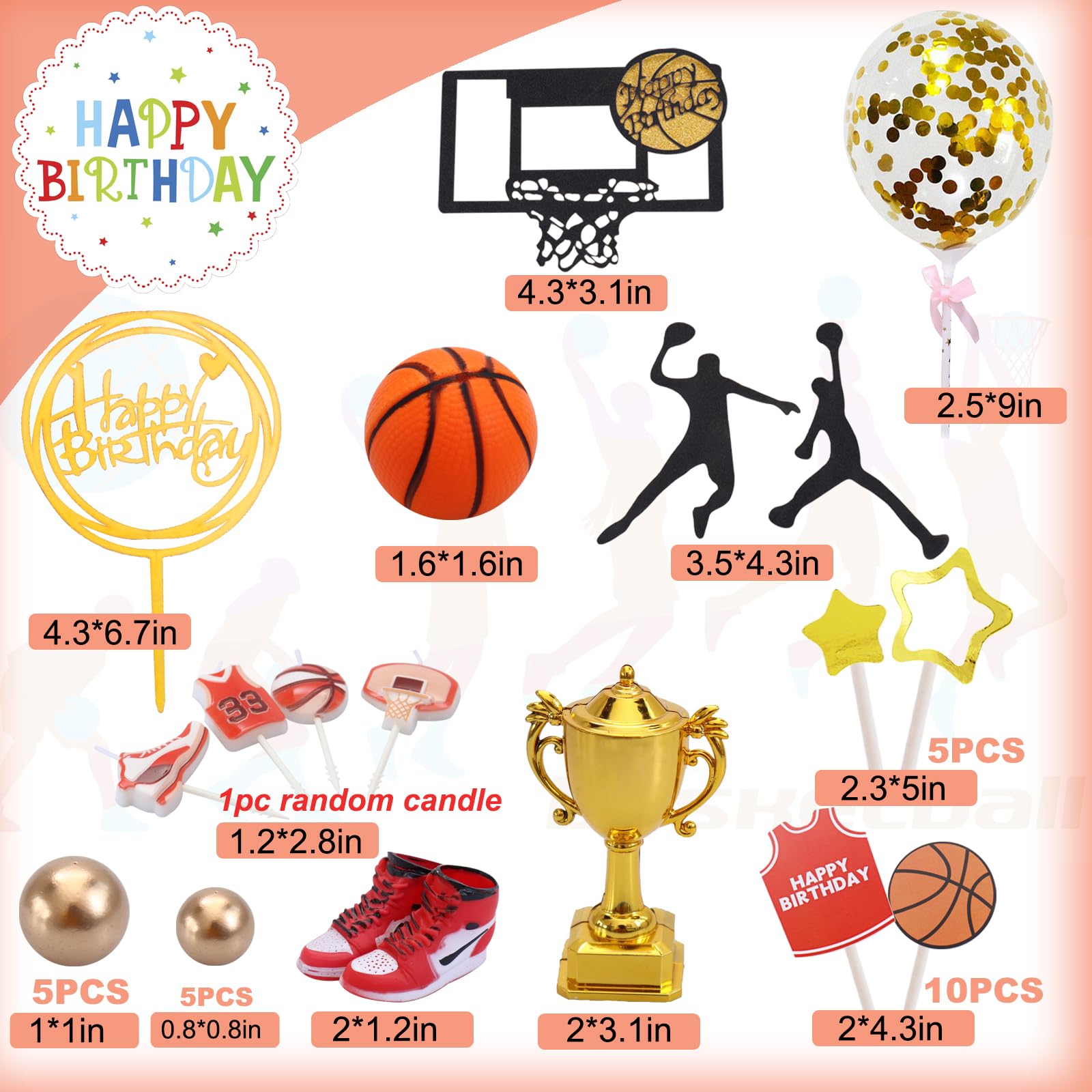 Vitalili Basketball Cake Topper, 34 Pcs 5.5'' Plastic & Paper Decorations, for Kids Boys Birthday Party Supplies, Realistic Design, Convenient Use, Fits for Cakes, Cupcakes, Home Party & More