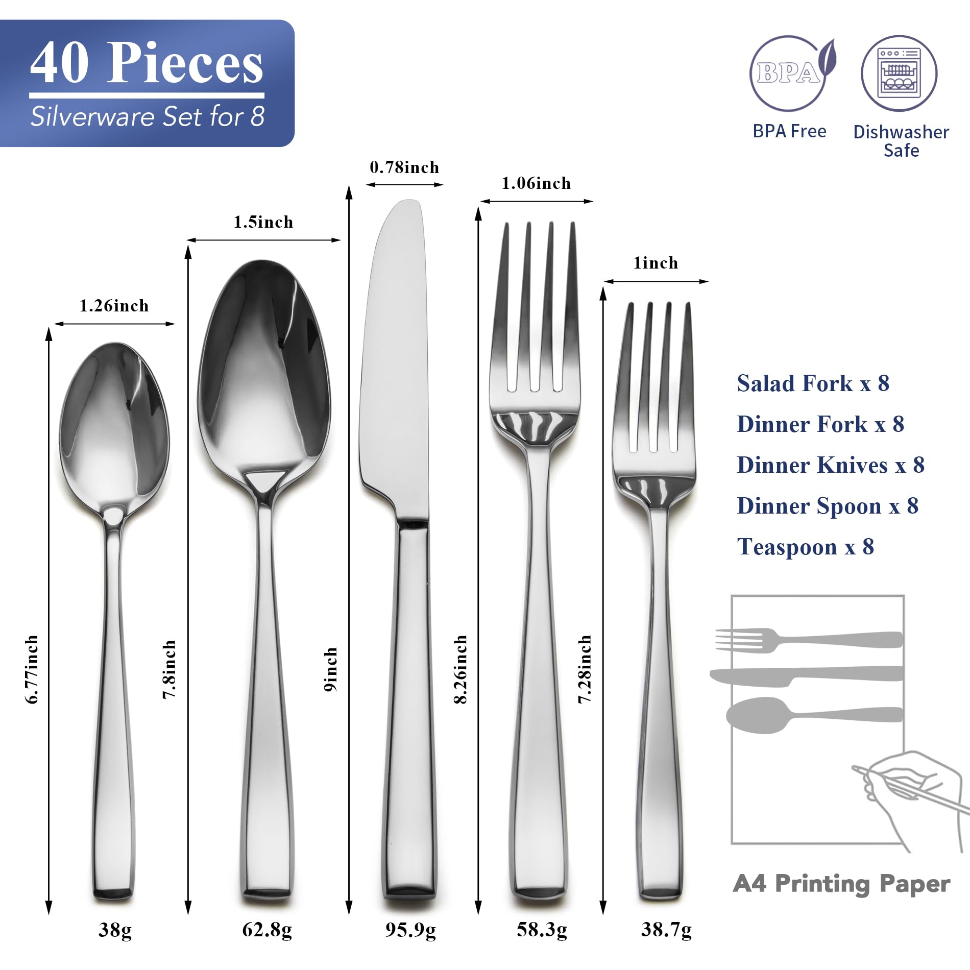 40 Piece Silverware Set Service for 8, EIUBUIE Premium Stainless Steel Cutlery Set, Mirror Polished Flatware Sets Heavy Duty and Solid, Modern Kitchen Eating Utensils Set Include Spoons Forks Knives