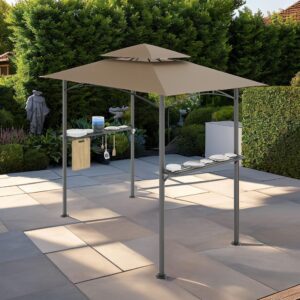 Temminkii Outdoor 8'x5' Grill Gazebo Canopy Patio Beige Barbecue Tent w Storage Rack Hook for Picnic