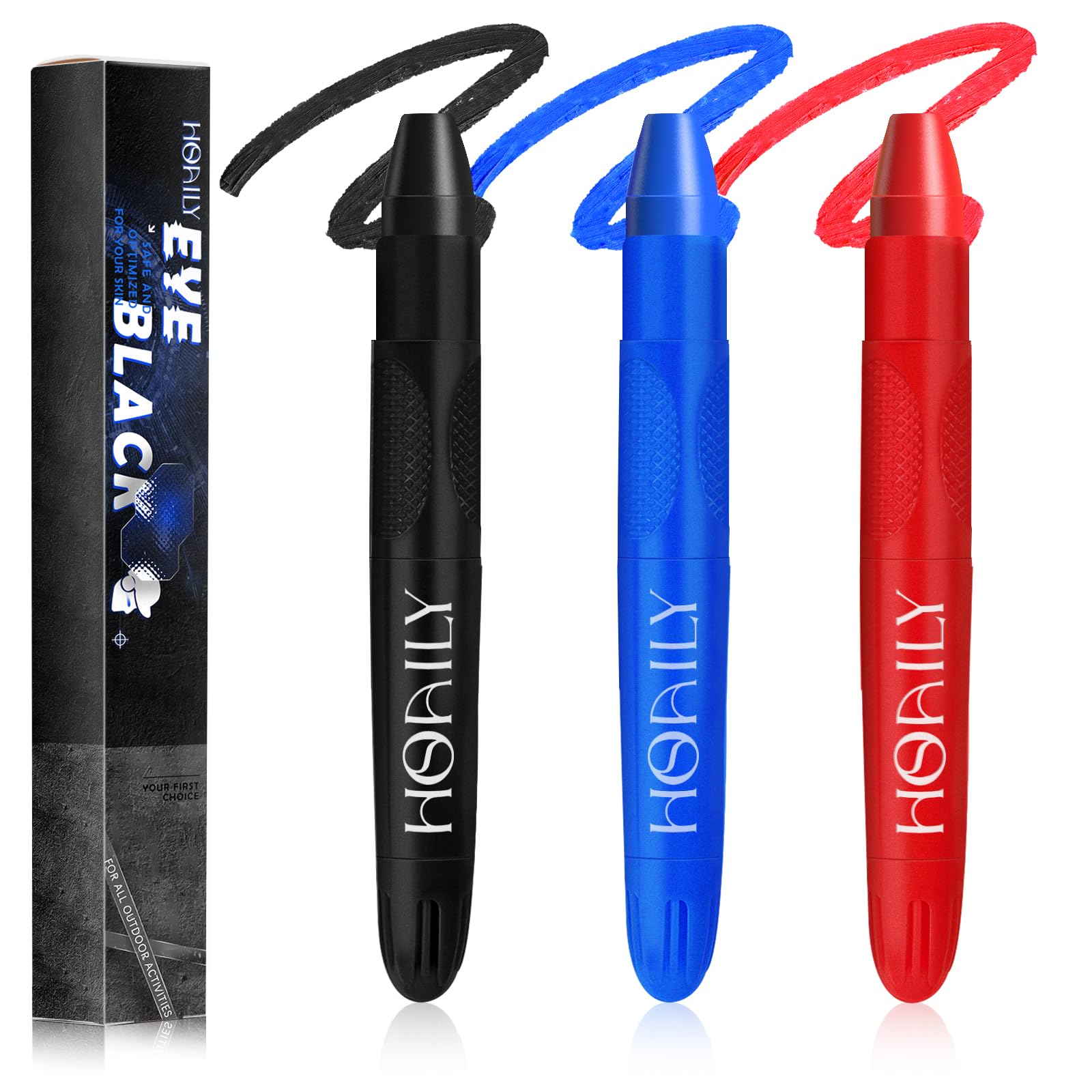 HOSAILY 3Pcs Eye Black Stick for Sports, Easy to Color Face Body Paint Eye Black for Baseball Softball Football Lacrosse, Halloween Costume Cosplay Parties Face Eye Paint Makeup Stick (Black+Blue+Red)