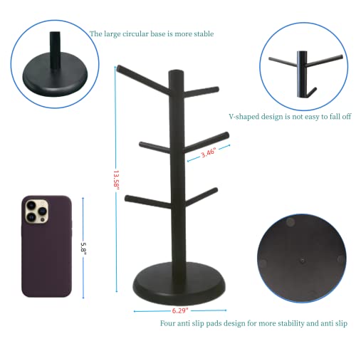 KETWOD Black Mug Holder,Coffee Mug Holder,Coffee Mug Tree,Non-Slip Coffee Cup Holder,Coffee Cup Holder for Counter,Coffee Mug Tree,Coffee Mug Rack with 6 Hooks (Black)