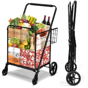 ironmax jumbo shopping cart, foldable heavy duty grocery cart w/ 360° rolling swivel wheels & double basket, 330 lbs weight capacity, folding utility cart for grocery laundry luggage (black)