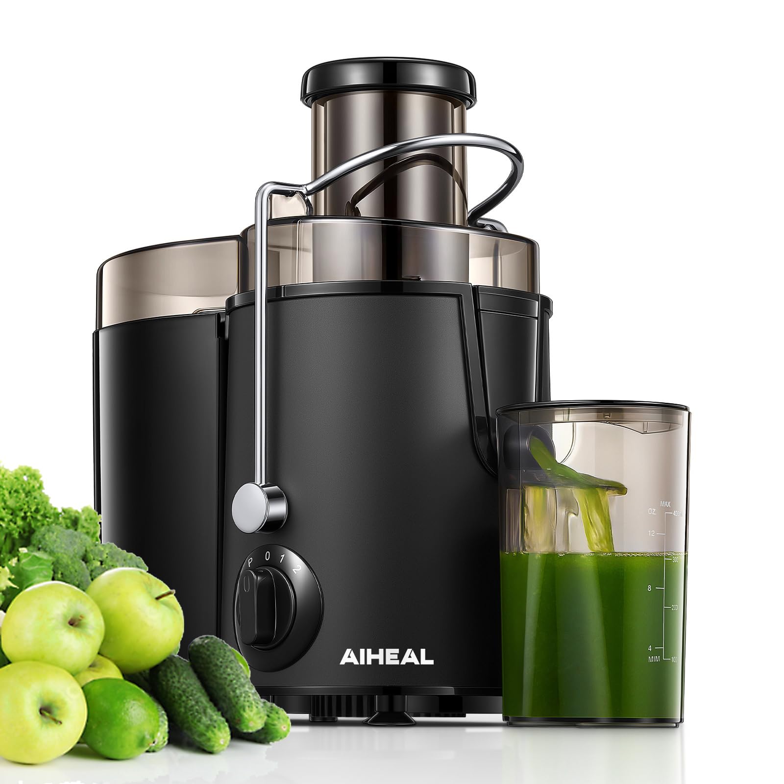 Juicer Machines, Aiheal Juicer Vegetable and Fruit Easy to Clean, Centrifugal Juicer with 3” Wide Mouth, 3 Speed Control, Overload Protection System, Cleaning Brush and Recipe Included, Black