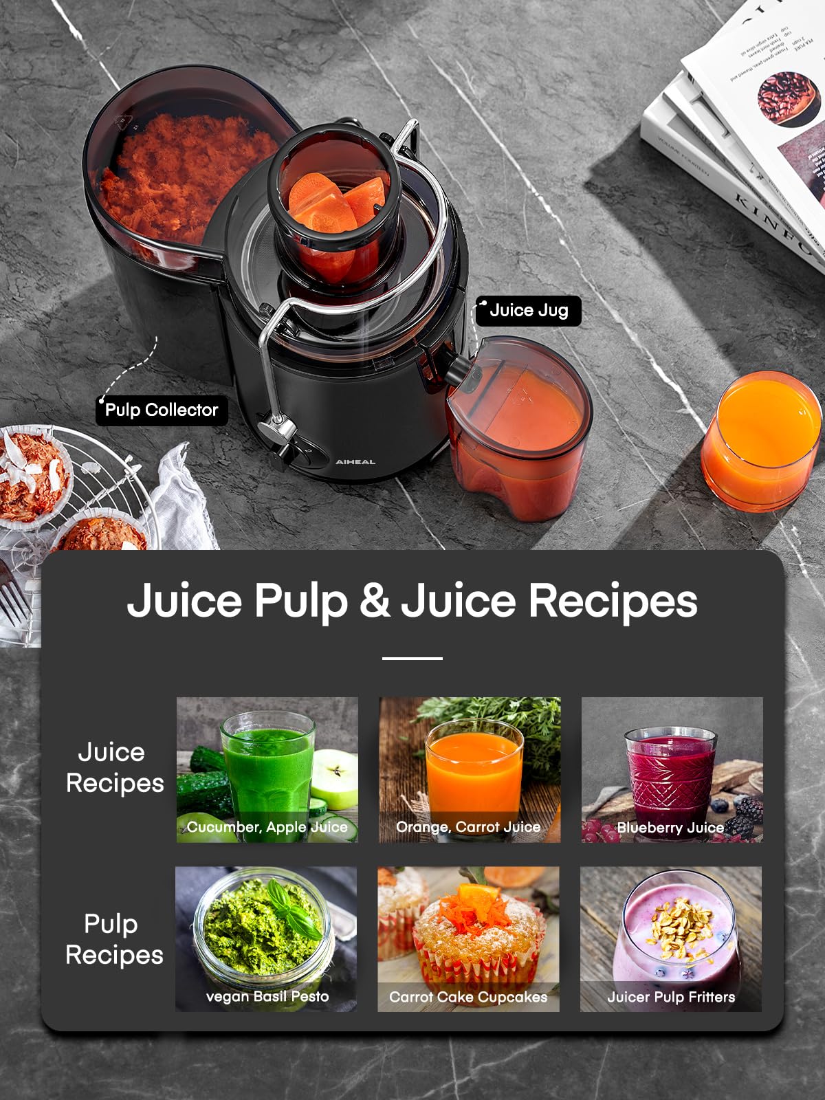 Juicer Machines, Aiheal Juicer Vegetable and Fruit Easy to Clean, Centrifugal Juicer with 3” Wide Mouth, 3 Speed Control, Overload Protection System, Cleaning Brush and Recipe Included, Black