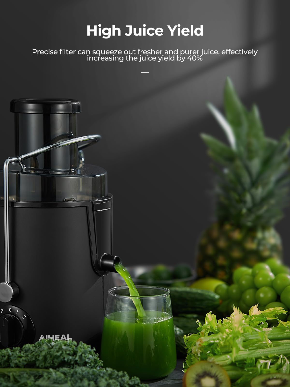 Juicer Machines, Aiheal Juicer Vegetable and Fruit Easy to Clean, Centrifugal Juicer with 3” Wide Mouth, 3 Speed Control, Overload Protection System, Cleaning Brush and Recipe Included, Black