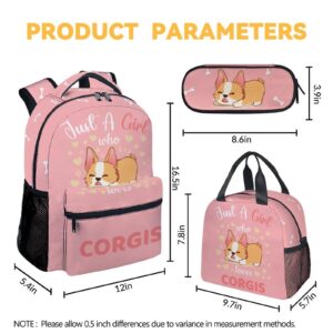 KNOWPHST Corgi Backpack with Lunch Box Set for Girls Boys, 3 in 1 Primary Middle School Backpacks Matching Combo, Large Capacity, Durable, Lightweight, Pink Bookbag and Pencil Case Bundle