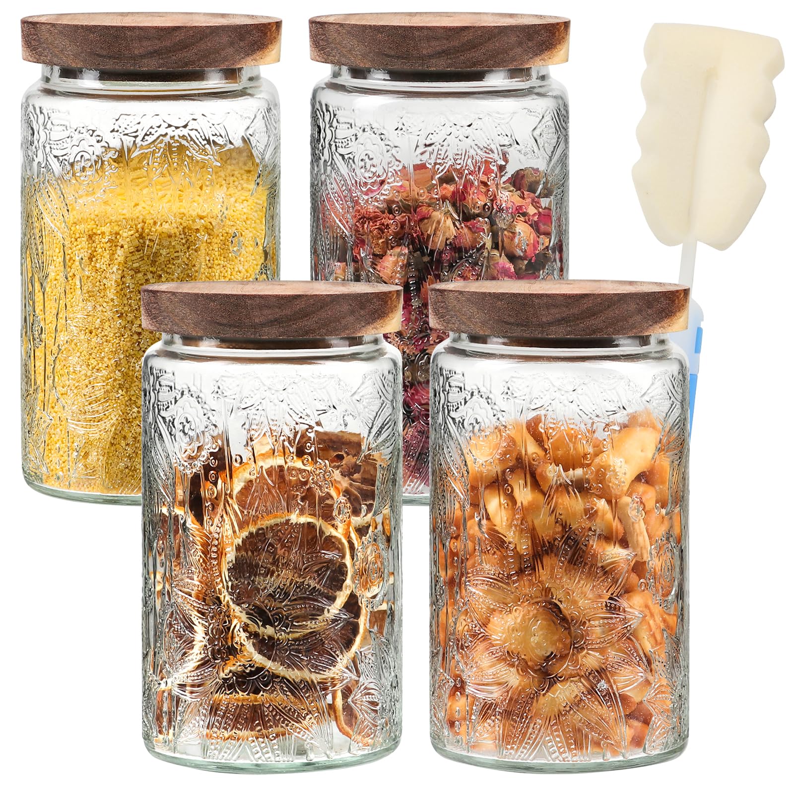 EkkoVla 4 Pack 34 FL OZ Vintage Glass Storage Jar with Airtight Wooden Lid, Glass Canister Airtight Cookie Jar Container for Kitchen Counter, Pantry, Coffee Bean, Sugar, Flour, Oats