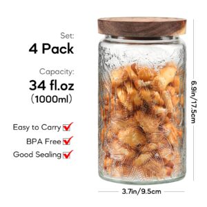 EkkoVla 4 Pack 34 FL OZ Vintage Glass Storage Jar with Airtight Wooden Lid, Glass Canister Airtight Cookie Jar Container for Kitchen Counter, Pantry, Coffee Bean, Sugar, Flour, Oats