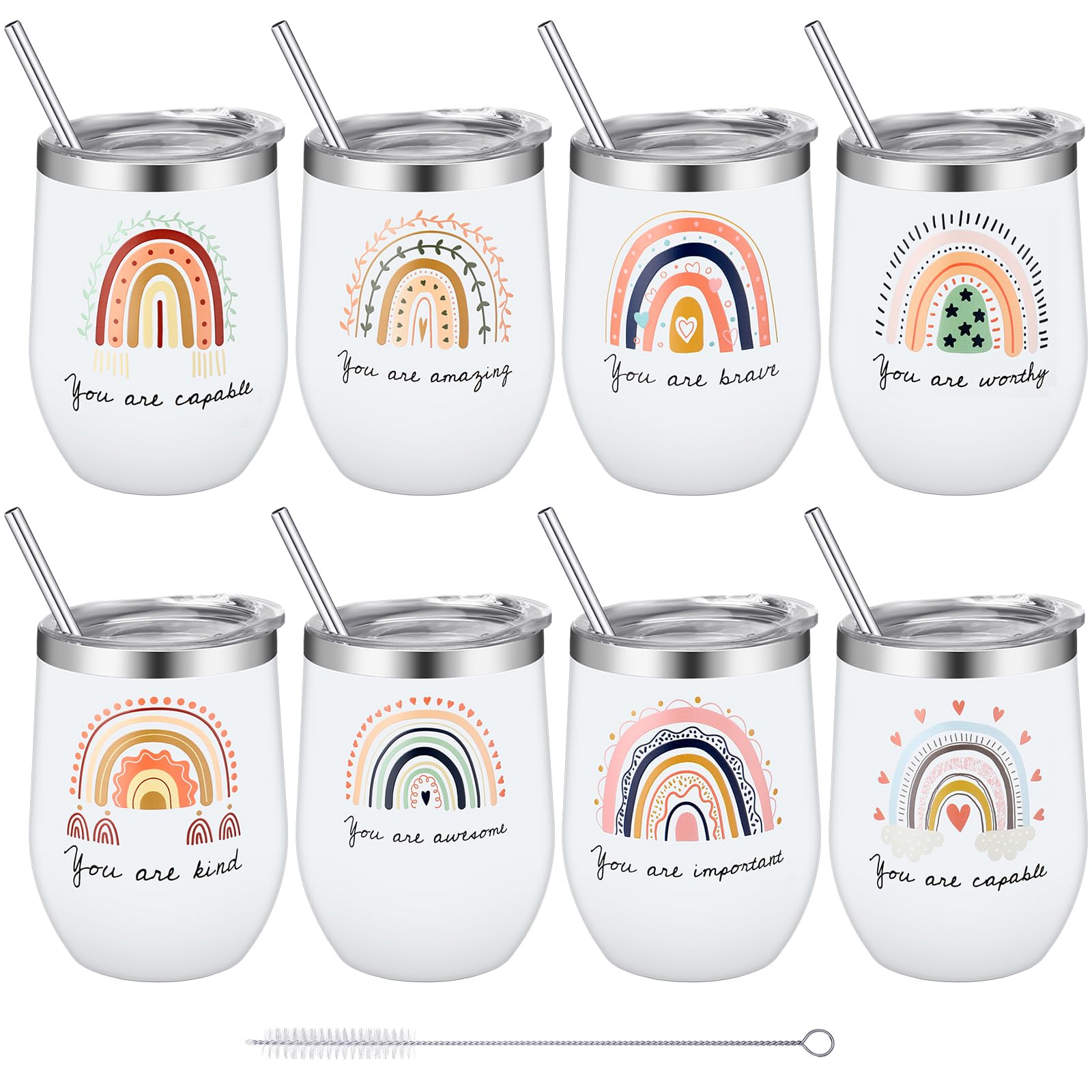 Mifoci 8 Pcs Inspirational Gifts for Women Bulk 12 oz Boho Rainbow Wine Tumbler Cups Vacuum Insulated Stainless Steel Coffee Mugs with Lids Straws Brushes Thank You Gifts for Coworkers Teacher Friend