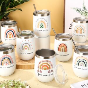 Mifoci 8 Pcs Inspirational Gifts for Women Bulk 12 oz Boho Rainbow Wine Tumbler Cups Vacuum Insulated Stainless Steel Coffee Mugs with Lids Straws Brushes Thank You Gifts for Coworkers Teacher Friend