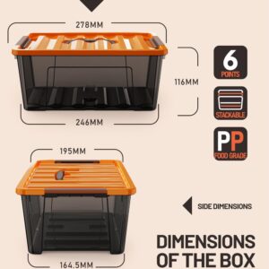 WYT 5-Quart Small Storage Container Bin with Orange Secure Lid and Black Clear Latch Buckles, Durable Plastic Stackable Nestable Organizin, 6-Pack