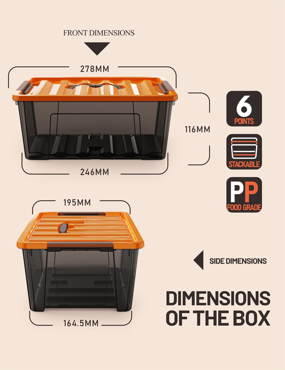 WYT 5-Quart Small Storage Container Bin with Orange Secure Lid and Black Clear Latch Buckles, Durable Plastic Stackable Nestable Organizin, 6-Pack