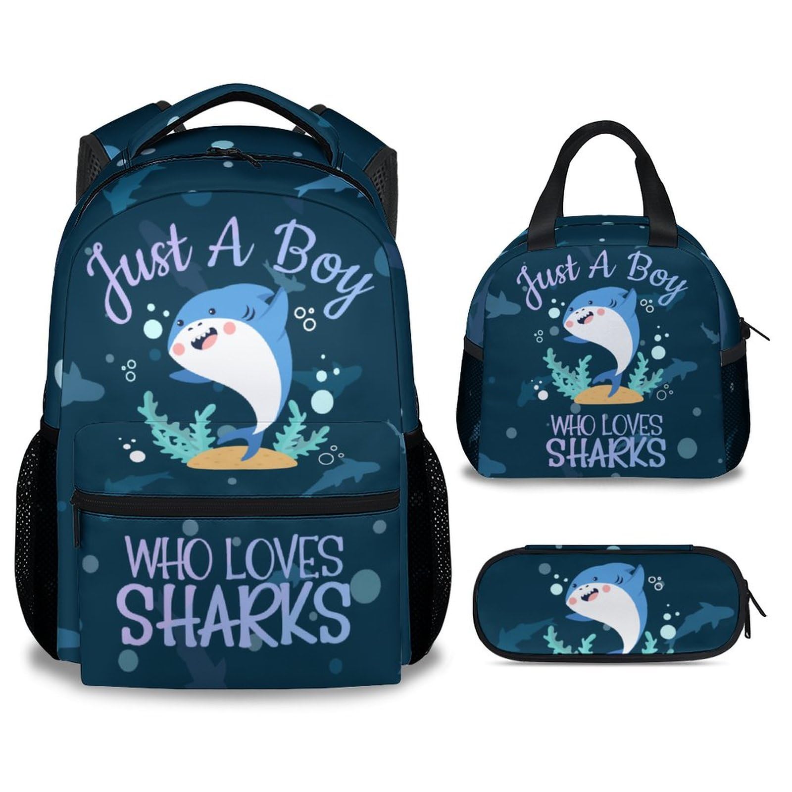 KNOWPHST Shark Backpack with Lunch Box Set for Boys Girls, 3 in 1 Primary Middle School Backpacks Matching Combo, Large Capacity, Durable, Lightweight, Blue Bookbag and Pencil Case Bundle