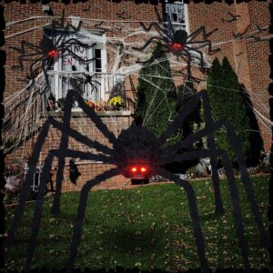 Wettarn 3 Pieces Black Halloween Giant Spider 10ft 5ft Red LED Eyes Fake Hairy Spider Props Scary Spider for Halloween Outdoor Garden Yard Creepy Party Decorations