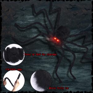 Wettarn 3 Pieces Black Halloween Giant Spider 10ft 5ft Red LED Eyes Fake Hairy Spider Props Scary Spider for Halloween Outdoor Garden Yard Creepy Party Decorations