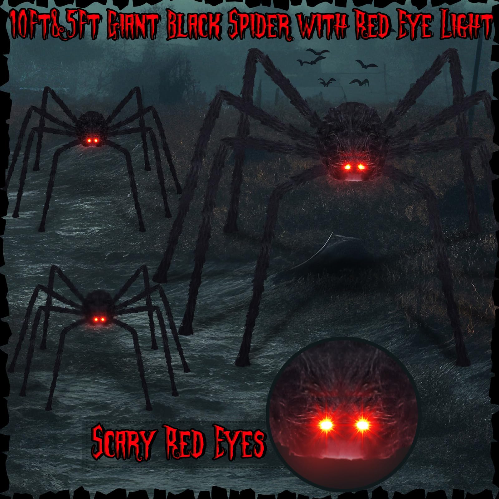 Wettarn 3 Pieces Black Halloween Giant Spider 10ft 5ft Red LED Eyes Fake Hairy Spider Props Scary Spider for Halloween Outdoor Garden Yard Creepy Party Decorations