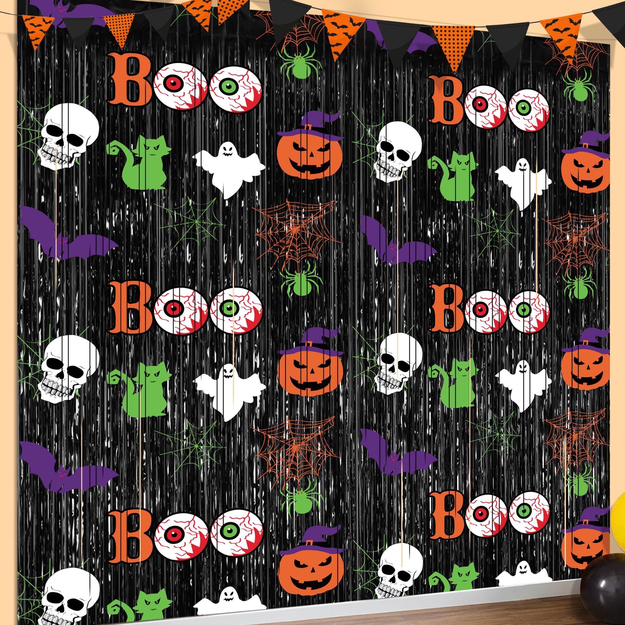 Halloween Party Decorations Scary Black Halloween Photo Backdrop Streamers, 2 Pack 3.3 x 6.6 FT Halloween Decor Foil Fringe Curtains Halloween Backdrops for Parties Birthday Window Door Indoor Outdoor