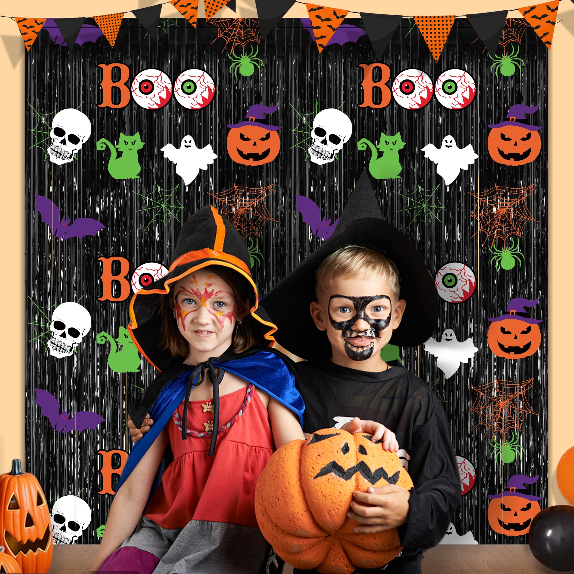 Halloween Party Decorations Scary Black Halloween Photo Backdrop Streamers, 2 Pack 3.3 x 6.6 FT Halloween Decor Foil Fringe Curtains Halloween Backdrops for Parties Birthday Window Door Indoor Outdoor