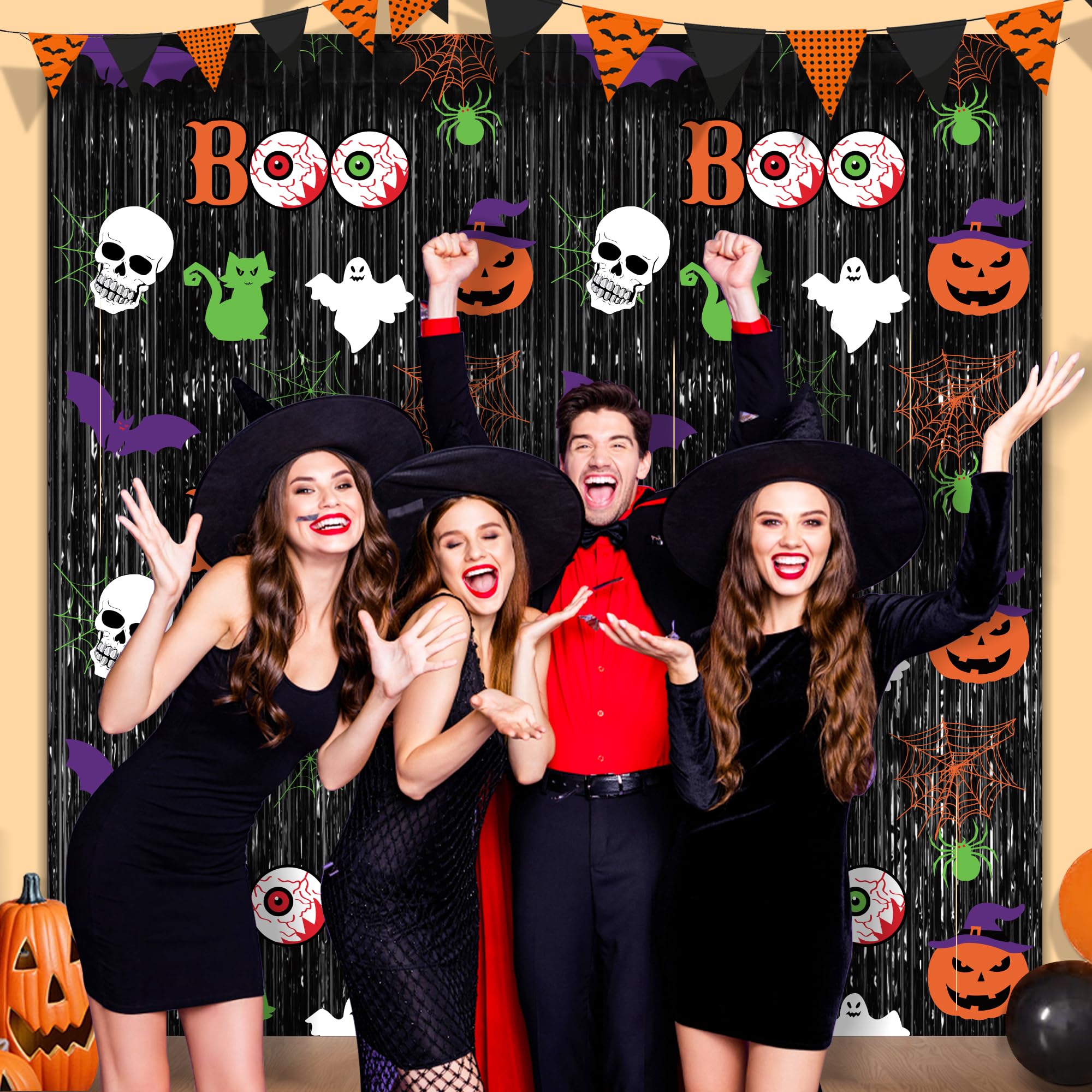 Halloween Party Decorations Scary Black Halloween Photo Backdrop Streamers, 2 Pack 3.3 x 6.6 FT Halloween Decor Foil Fringe Curtains Halloween Backdrops for Parties Birthday Window Door Indoor Outdoor