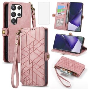 asuwish phone case for samsung galaxy s22 ultra 5g wallet cover with tempered glass screen protector and flip zipper card holder stand cell accessories s22ultra 22s s 22 s22ultra5g 6.8 women men pink