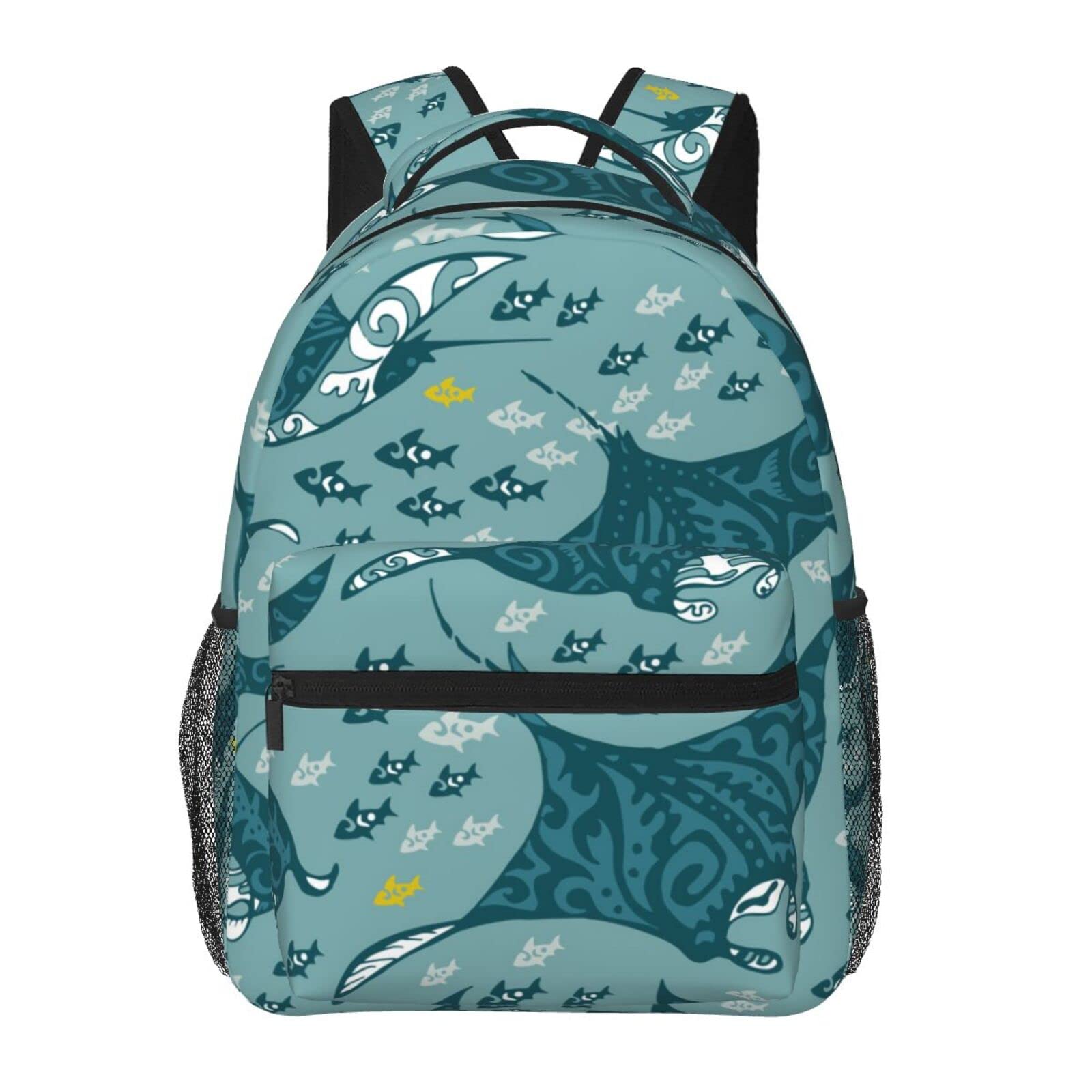 BAFAFA Manta Ray and Fish Printed Canvas Bag Laptop Backpack Travel Bag Casual Daypack Hiking Rucksack