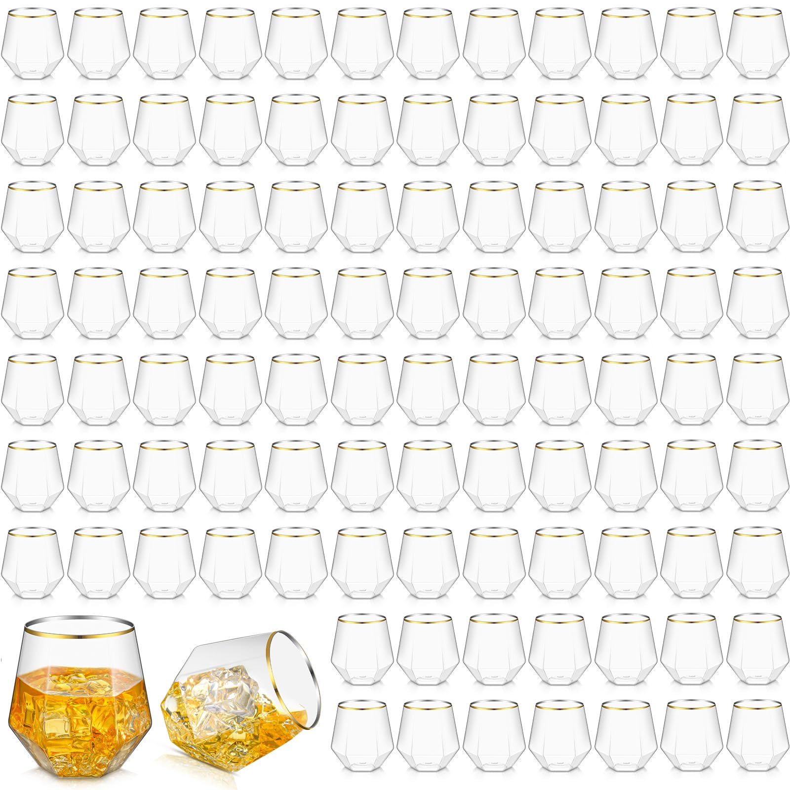 Bokon Plastic Stemless Wine Glass Bulk 12 oz Diamond Whiskey Cups Unbreakable Disposable Easy Hold for White or Red Wine, Christmas Party Gift Housewarming Birthday Wedding(Gold Rim, 100 Pack)