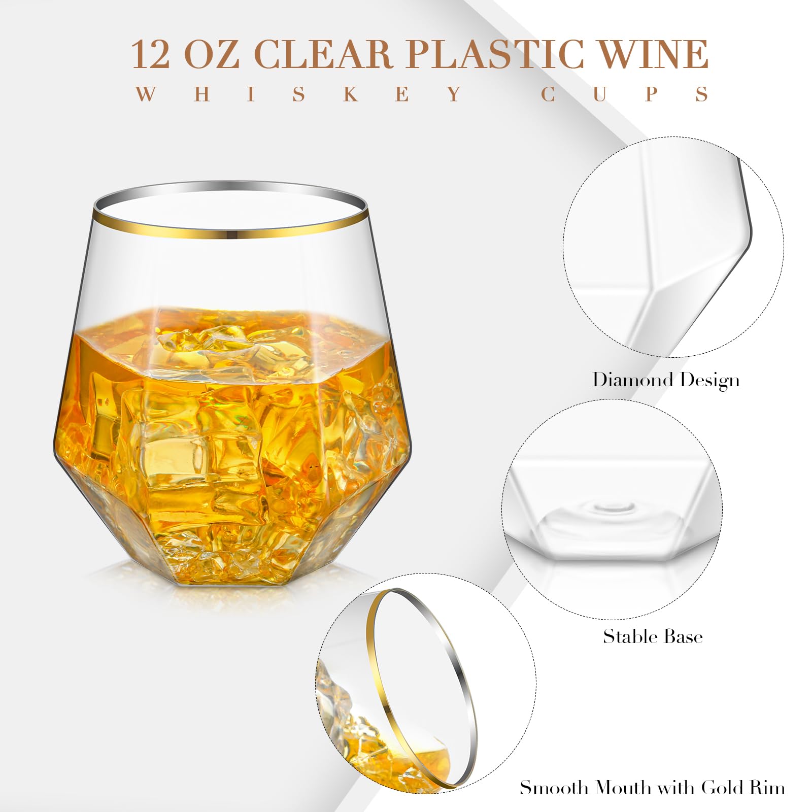 Bokon Plastic Stemless Wine Glass Bulk 12 oz Diamond Whiskey Cups Unbreakable Disposable Easy Hold for White or Red Wine, Christmas Party Gift Housewarming Birthday Wedding(Gold Rim, 100 Pack)