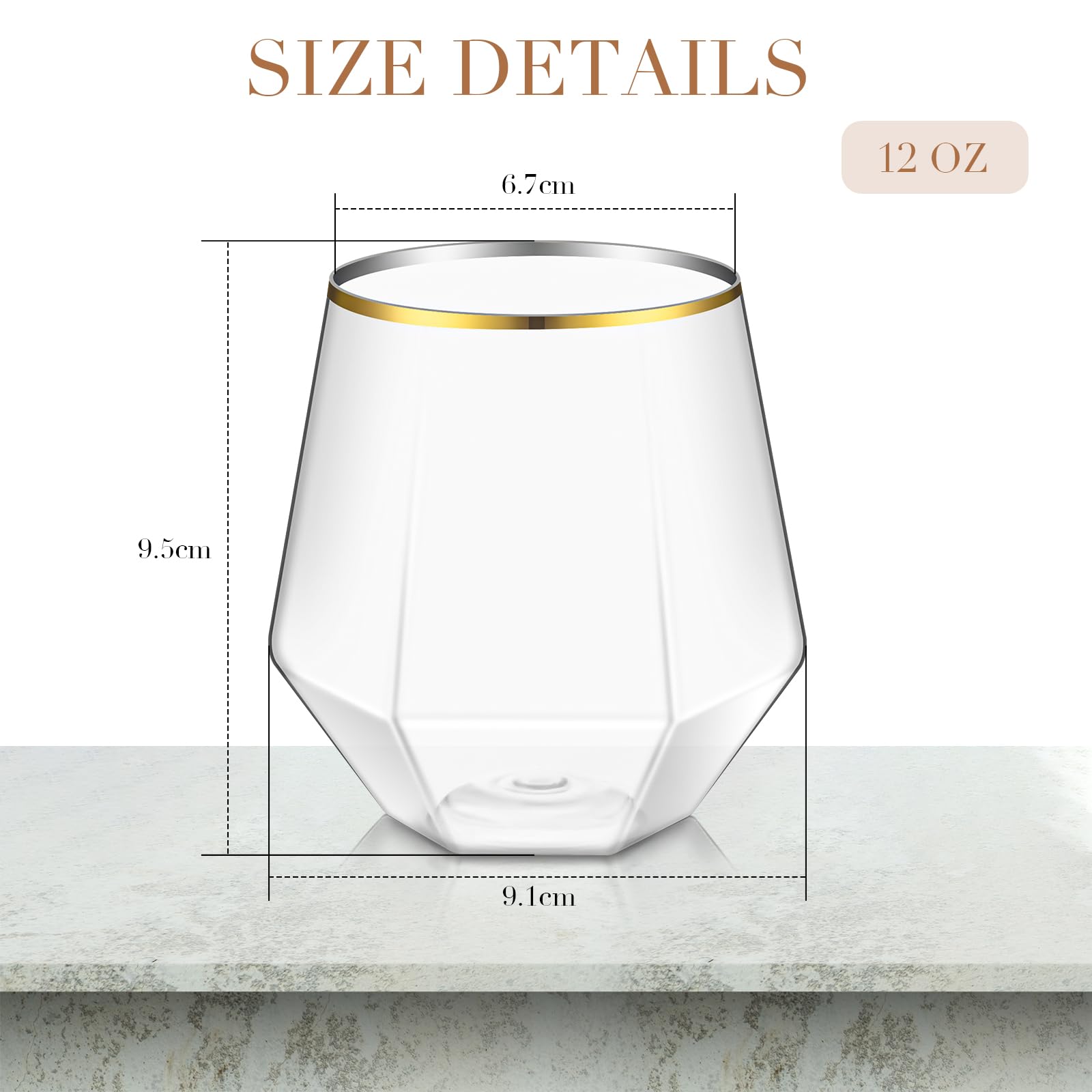 Bokon Plastic Stemless Wine Glass Bulk 12 oz Diamond Whiskey Cups Unbreakable Disposable Easy Hold for White or Red Wine, Christmas Party Gift Housewarming Birthday Wedding(Gold Rim, 100 Pack)