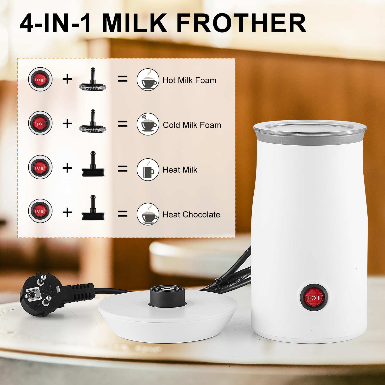 WIVIZL Electric Milk Frother, 4-in-1 Milk Frother and Steamer for Frothing and Heating Milk, 8.4oz/250ml Automatic Hot and Cold Foam Maker and Milk Warmer for Latte, Hot Chocolate, White