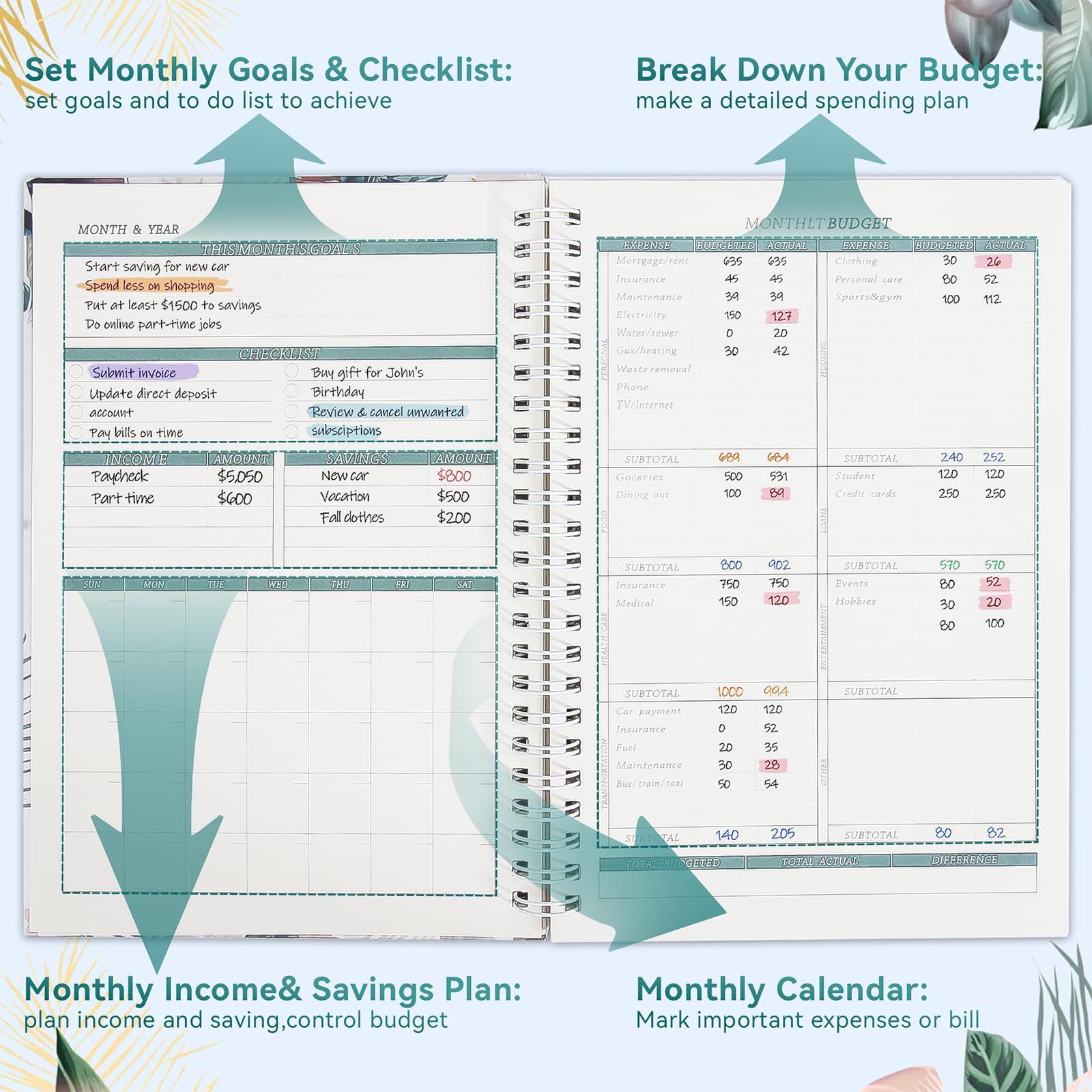 EHWINE Monthly Budget Planner - Expense Tracker Notebook, 12 Month Budget Book, Undated Bill Tracker & Finance Planner to Manage Your Money, with Stickers and Inner Pocket, A5 Size