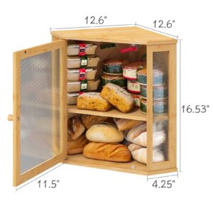 viewcare Extra Large Bread Box, Corner Bread Box for Kitchen Counter, Bamboo Wood Large Capacity Bread Storage Bin with Acrylic Wavy Door Panel