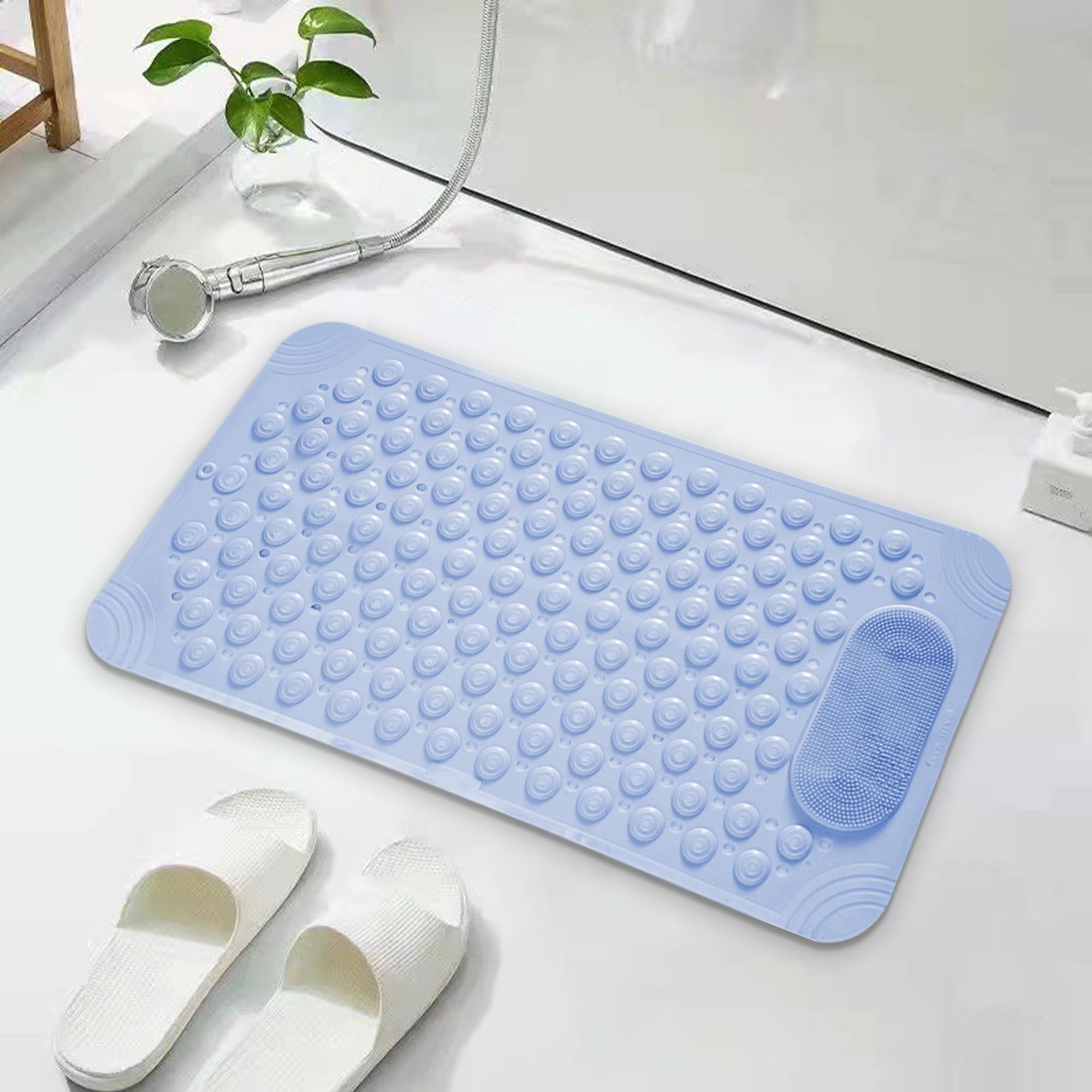 YCT Shower Mat Bathtub Mat Non Slip, Bath Mat for Shower, with Suction Cups Drainage Holes, Foot Massage Exfoliating, 27.5 x 14.2 inches, Blue