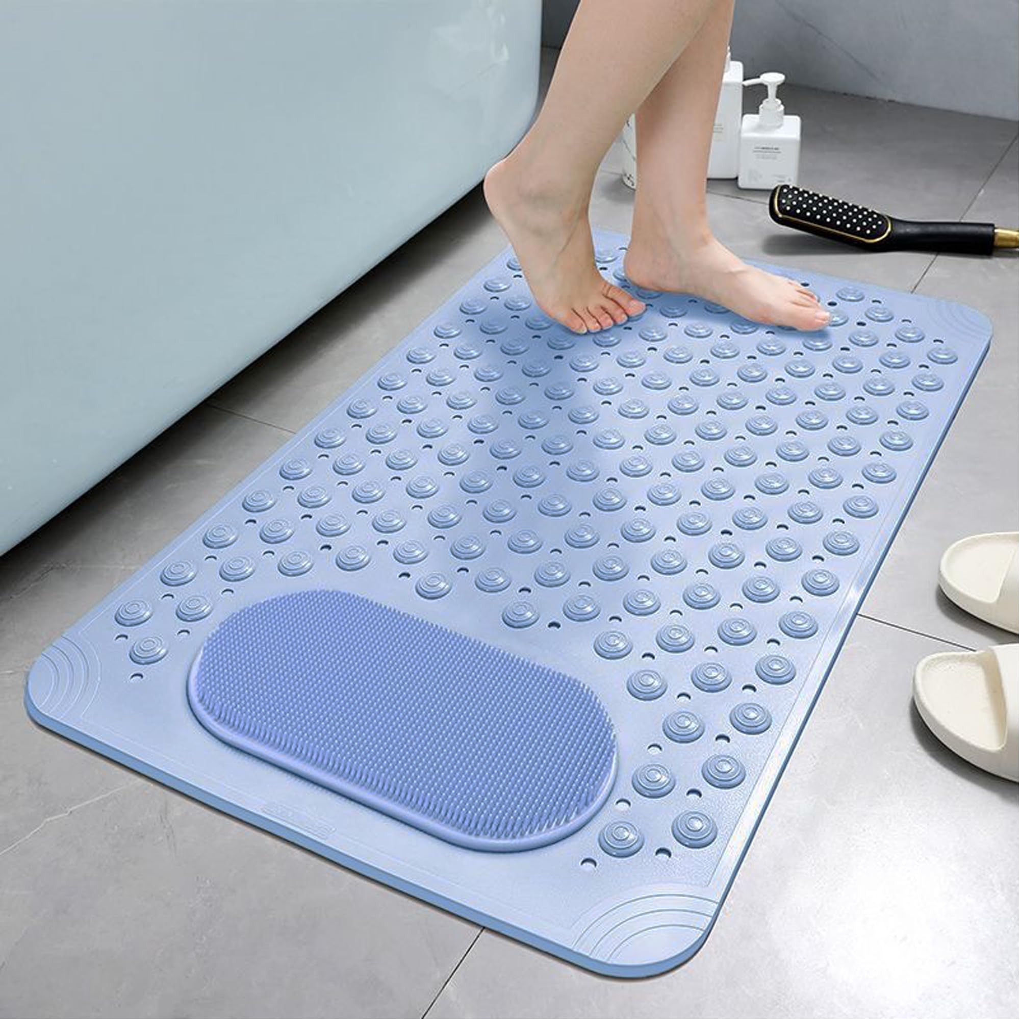 YCT Shower Mat Bathtub Mat Non Slip, Bath Mat for Shower, with Suction Cups Drainage Holes, Foot Massage Exfoliating, 27.5 x 14.2 inches, Blue